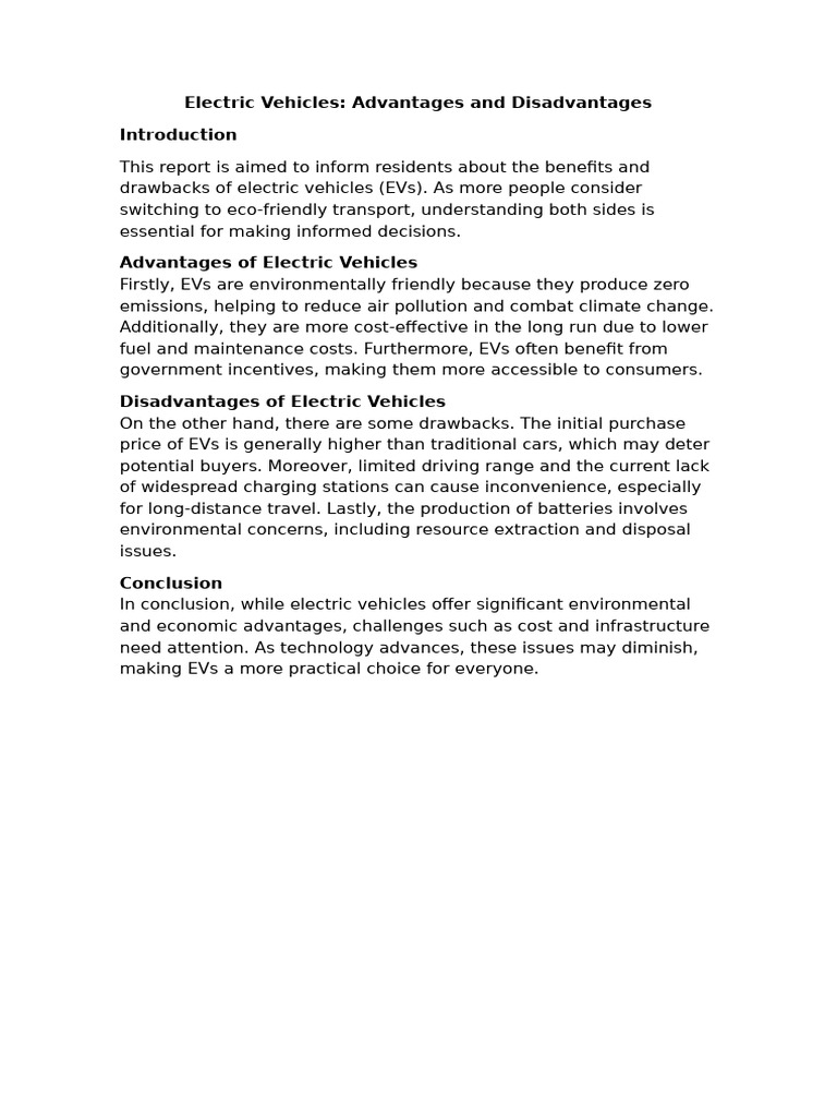 B2 Report - Electric Vehicles - Advantages and Disadvantages | PDF