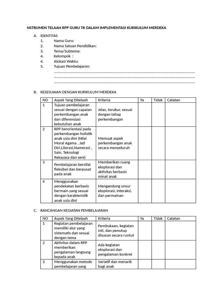 NSTRUMEN TELAAH RPP GURU TK DALAM IMPLEMENTASI KURIKULUM MERDEKA | PDF