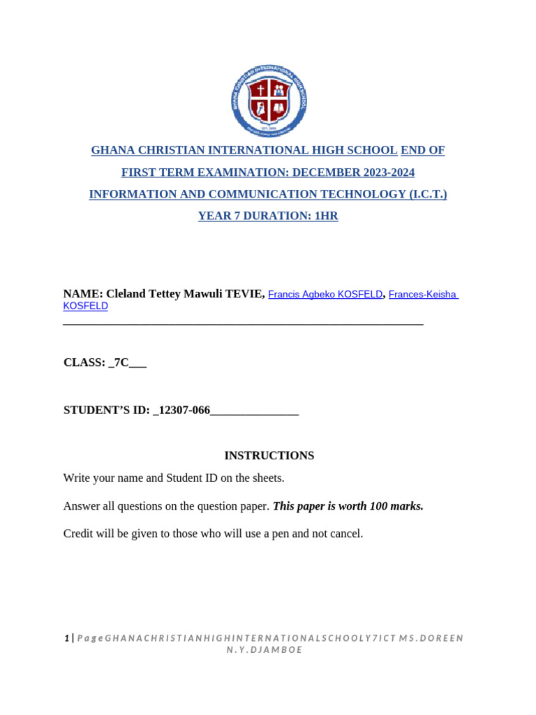 Year 7 ICT Exam Paper 2023-2024 | PDF | Computer Data Storage ...