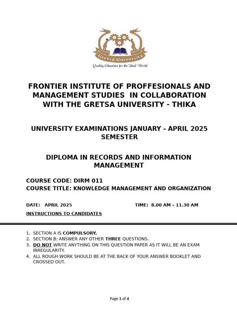Knowledge Management Exam Paper 2025 Pdf Knowledge Knowledge