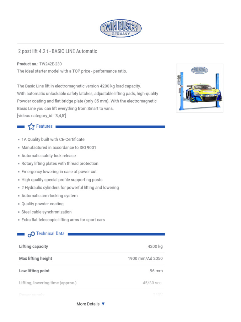 2 Post Lift 4.2 T - BASIC LINE Automatic - TW242E-230 | PDF | Elevator ...