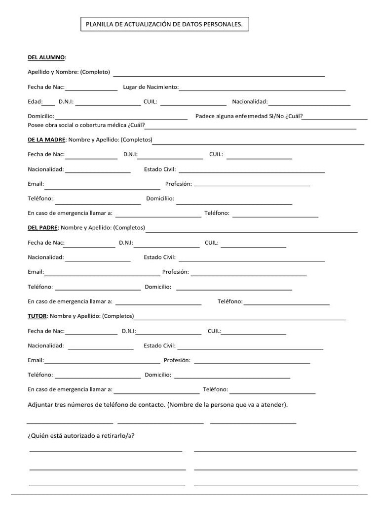 Planilla Actualizacion de Datos Personales | PDF