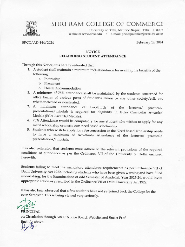 Notice Regarding Student Attendance | PDF