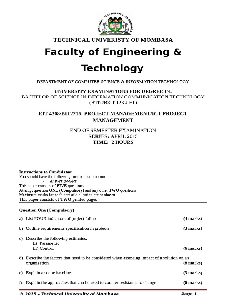 Project Management Ict Project Management Eit 4308 Bit 2215 Paper | PDF | Project Management ...