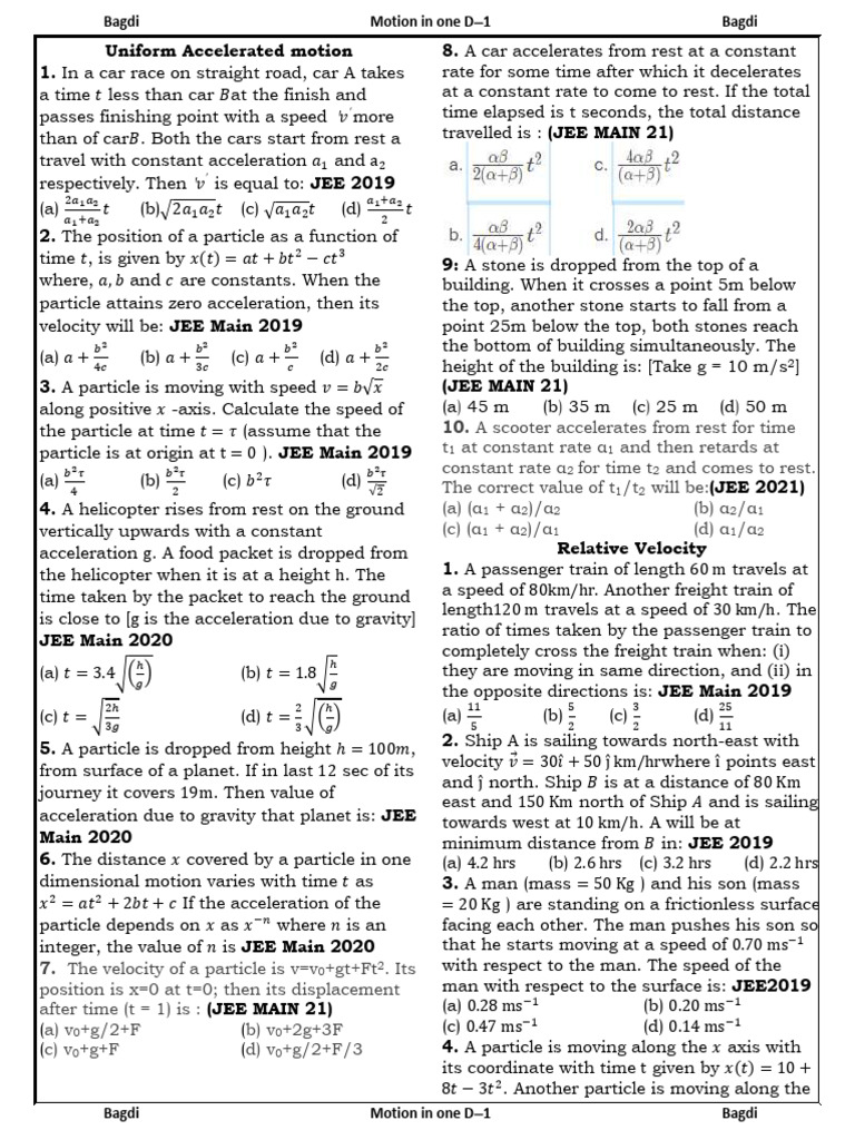 4 Motion in 1 D 2019 To 2021 | PDF | Acceleration | Velocity