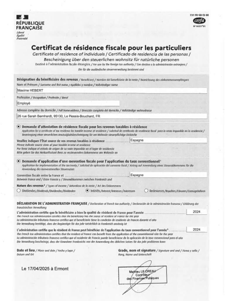 Certificat de Résidence Fiscal HEBERT Maxime | PDF