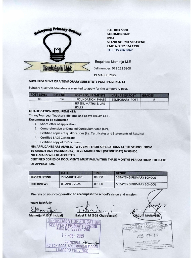 Sebayeng Primary Advert | PDF