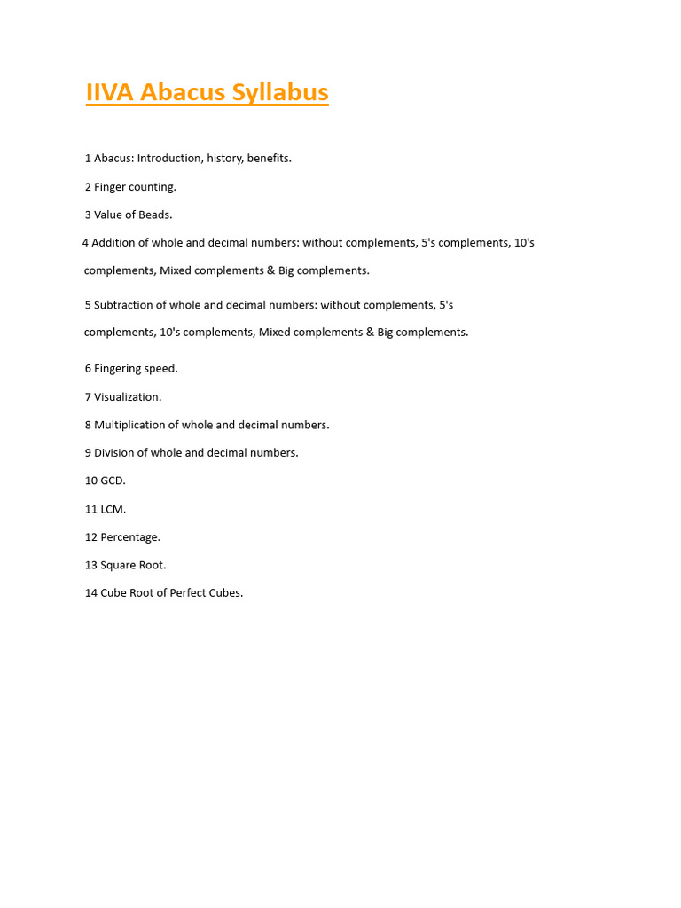 IIVA Abacus & Vedic Maths Syllabus (1) (1) (2) | PDF | Multiplication | Mathematics