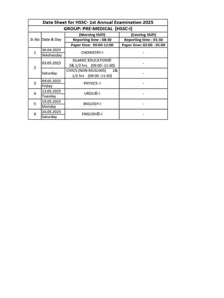 HSSC 1st Annual Date Sheet 2025 | PDF
