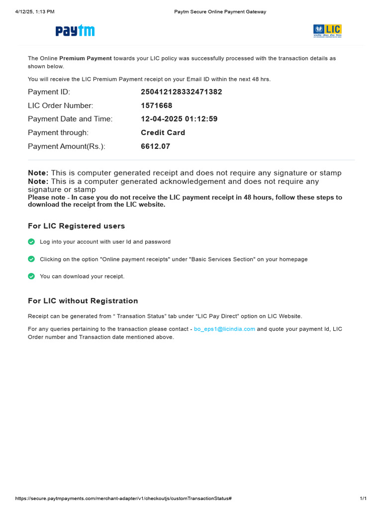 LIC Premium Payment Confirmation | PDF