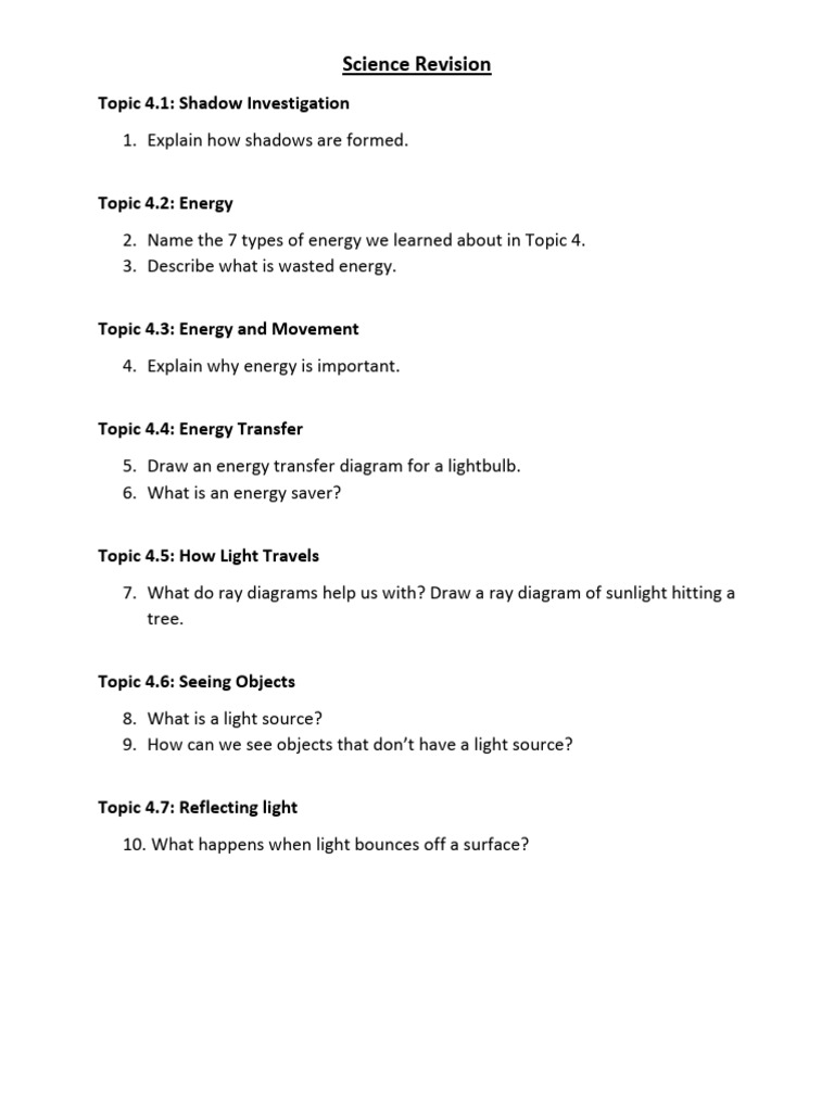 Science Revision: Shadows and Energy | PDF
