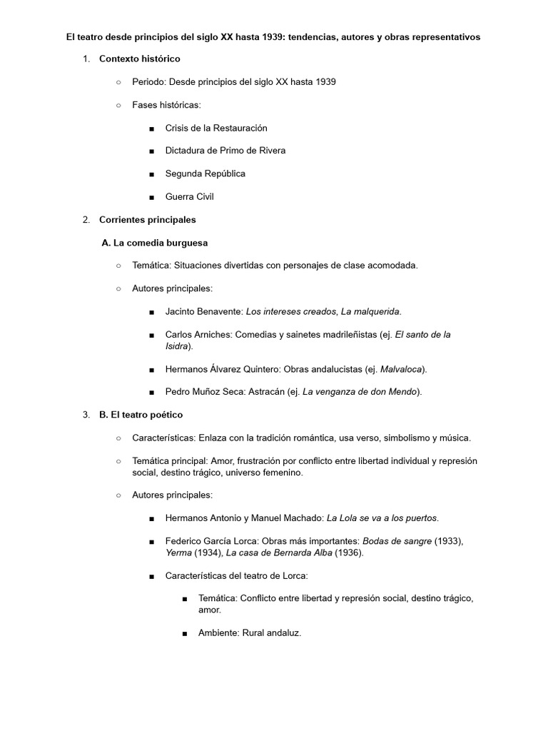 El Teatro Desde Principios Del Siglo XX Hasta 1939 (Esquema) | PDF | Federico García Lorca