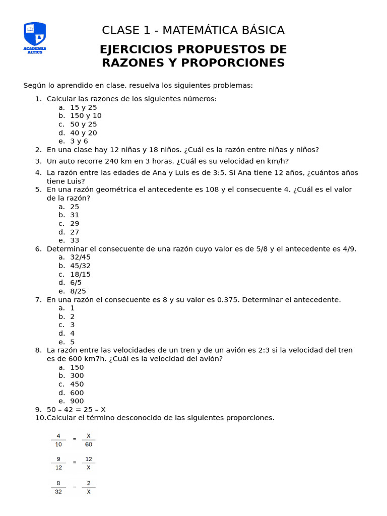 Ejercicios de Razones y Proporciones | PDF