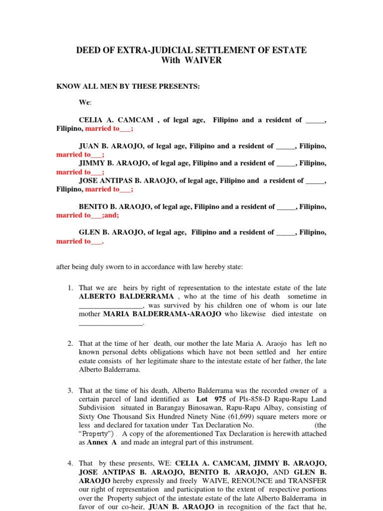 Deed of Extra-Judicial Settlement of Estate With Waiver: Married To ...