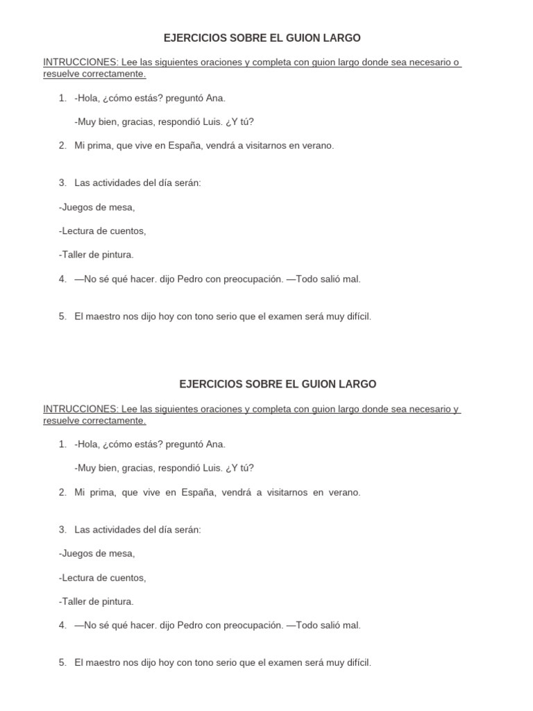 Ejercicios de Guion Largo para Niños | PDF