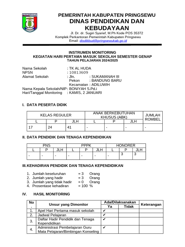 Instrumen Monev Kegiatan Awal Semester 2 - Tp. 2024-2025 Salinan | PDF