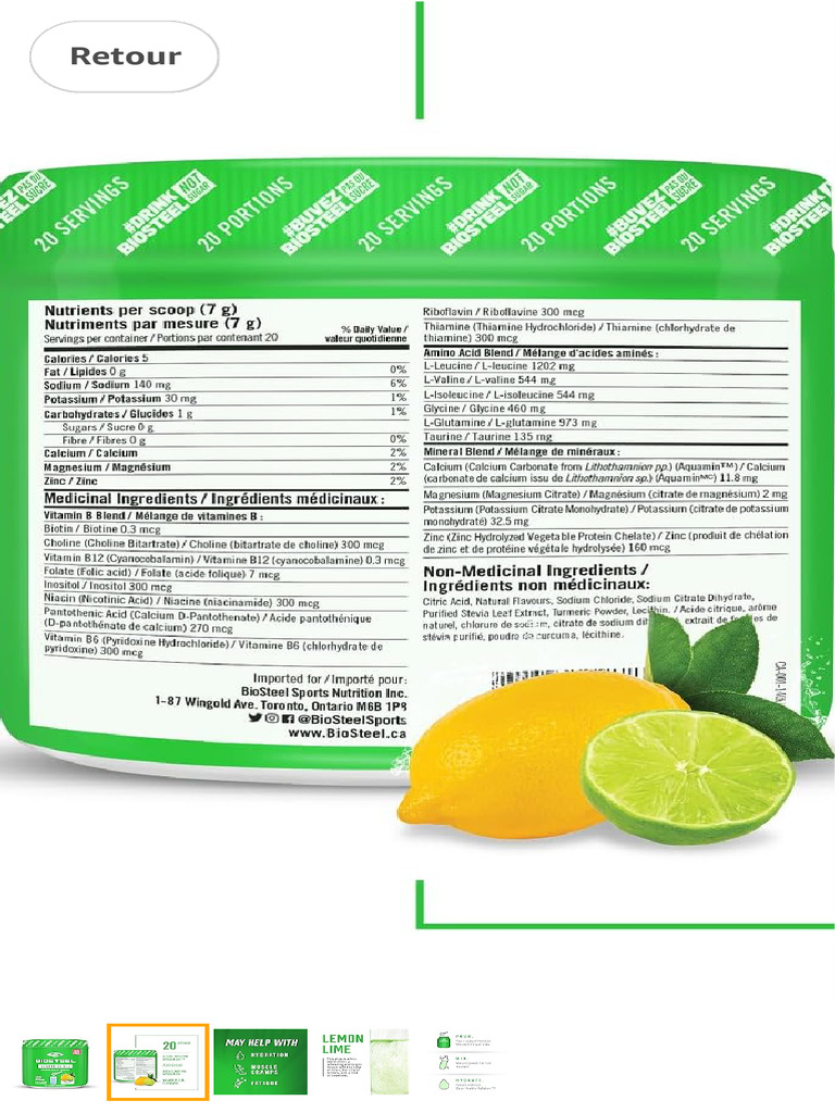 Biosteel Boisson en poudre haute performance, naturellement sucrée avec de la stévia, citron ...