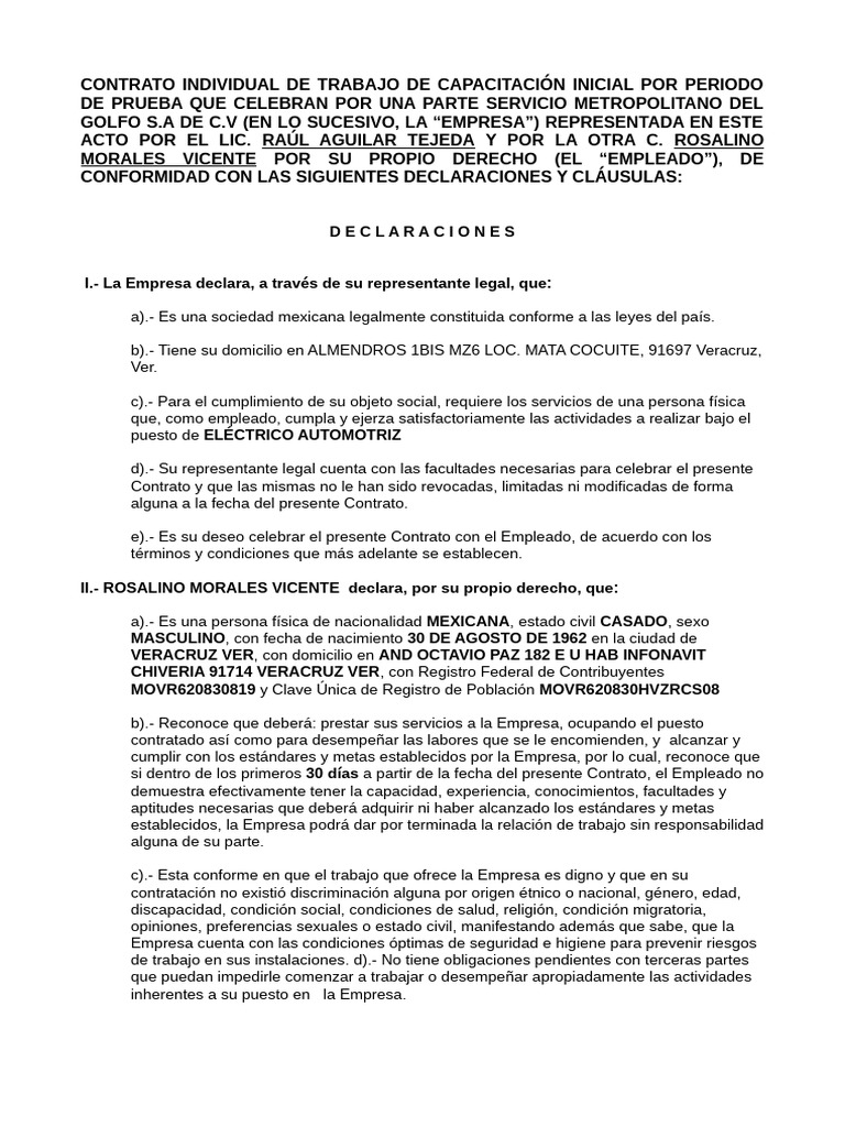 Contrato de Trabajo: Capacitación Inicial | PDF | Seguro | Salario