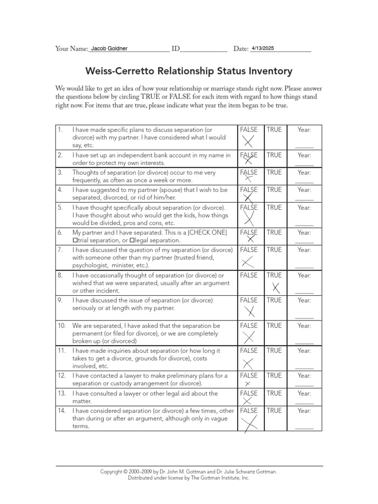 Weiss-Cerretto Divorce Assessment Quiz | PDF | Divorce | Social ...