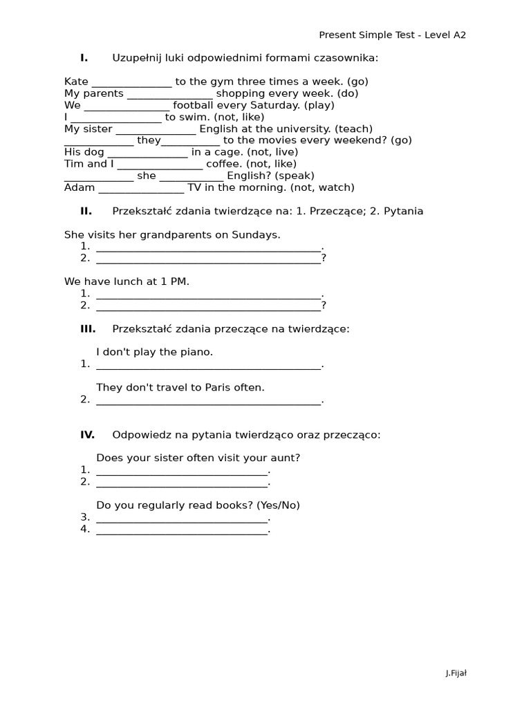 A2 Present Simple Test Exercises Pdf