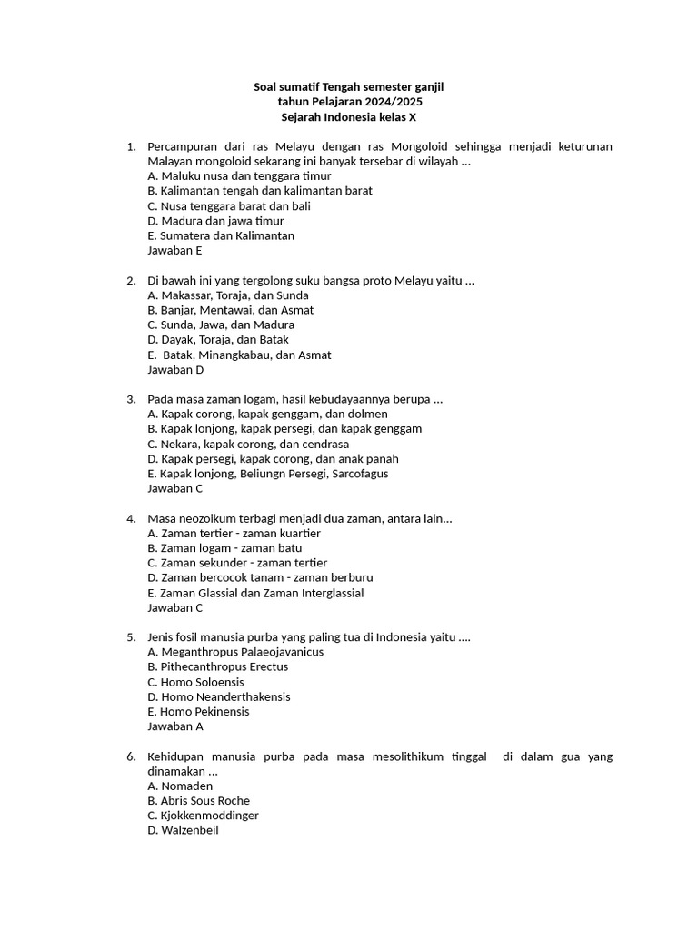 Soal Sumatif Tengah Semester Ganjil Sejarah Indonesia Kelas X | PDF