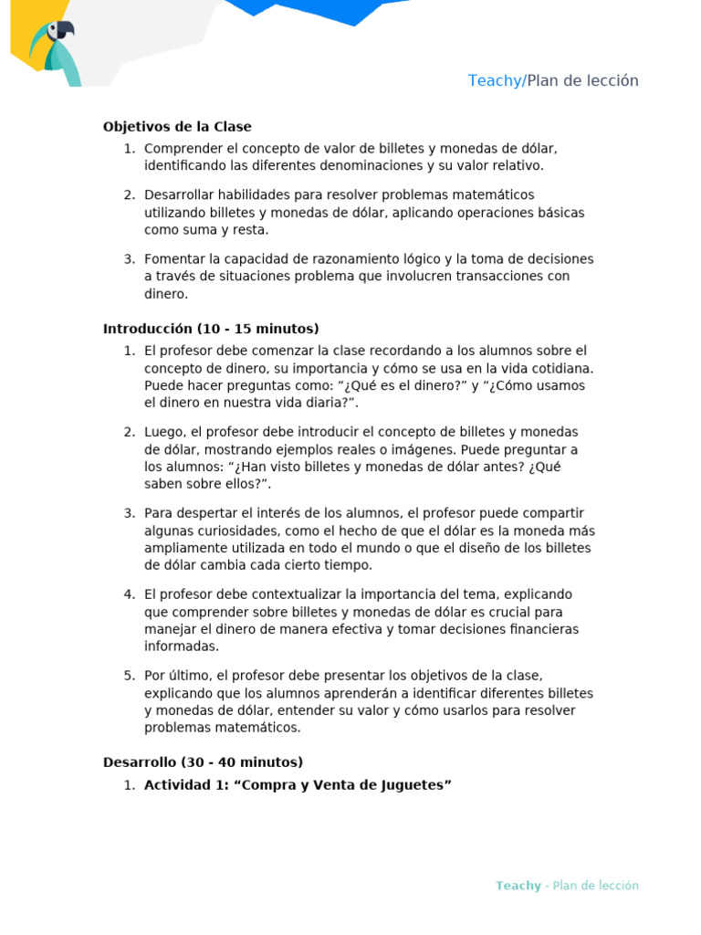 Lección Interactiva sobre Dinero Infantil | PDF | Maestros | Dólar de ...