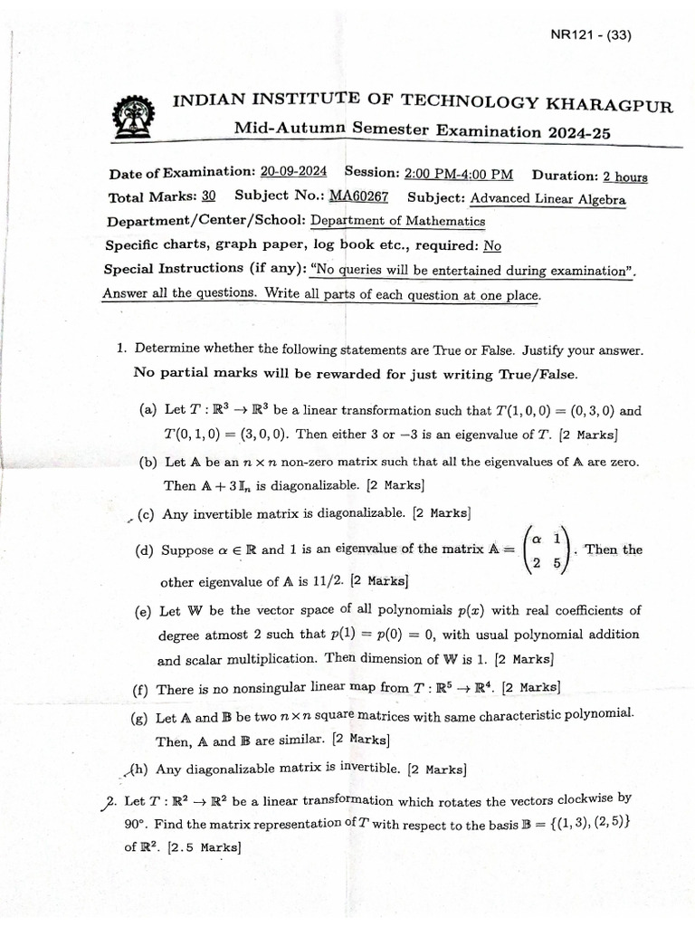 MA60267 ADVANCED-LINEAR-ALGEBRA 2024 Autumn Midsem | PDF