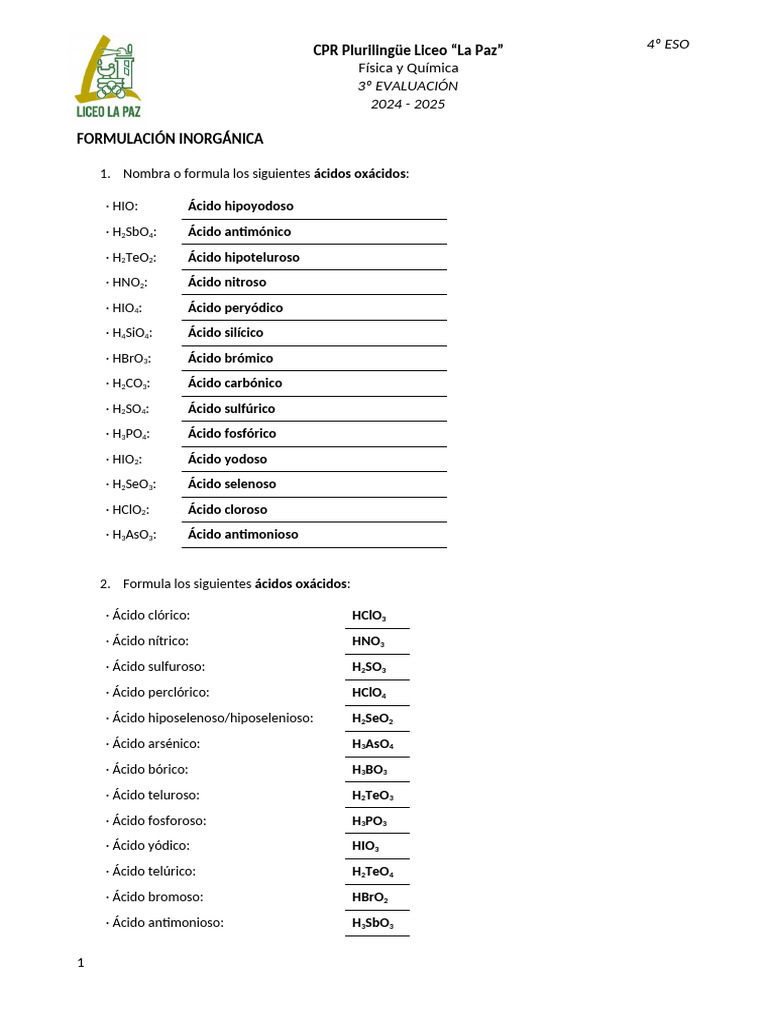 Boletín Resuelto Formulación Oxoácidos y Oxisales | PDF | Ácido | Nitrato