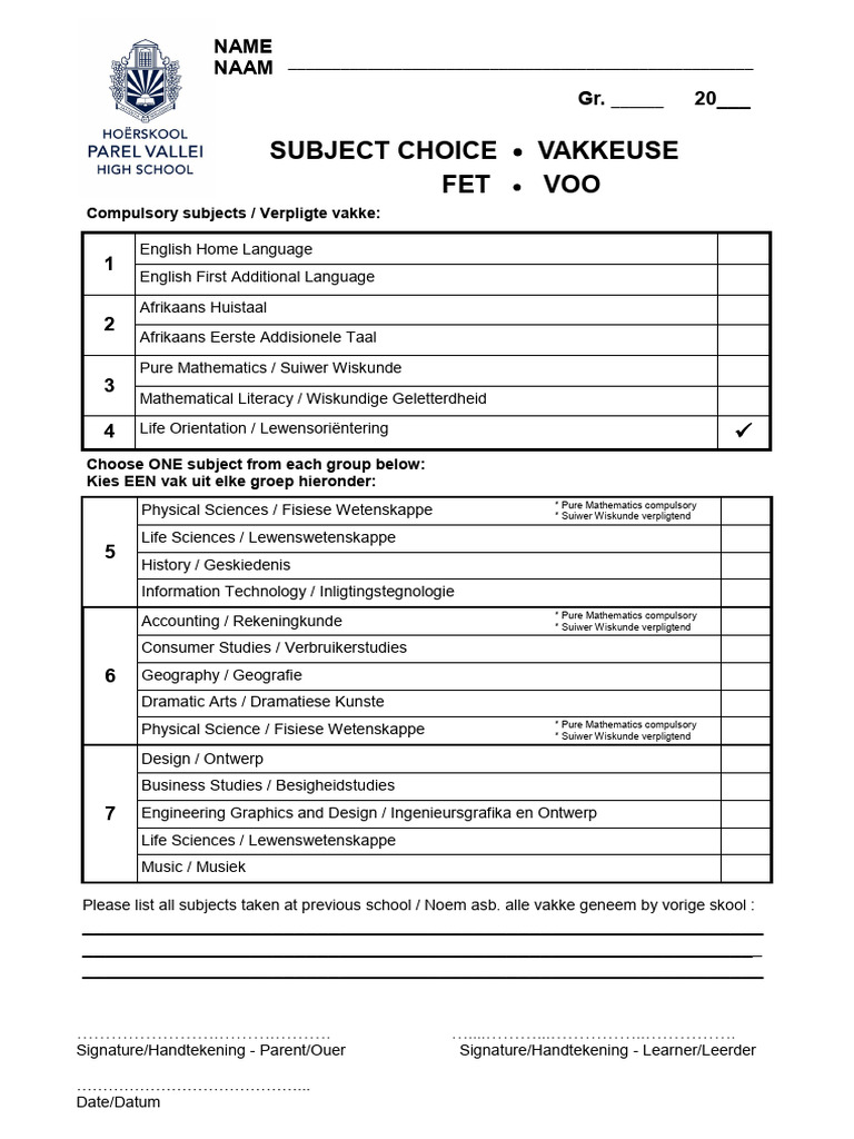5 Subject Choice Form Vakkeusevorm | PDF