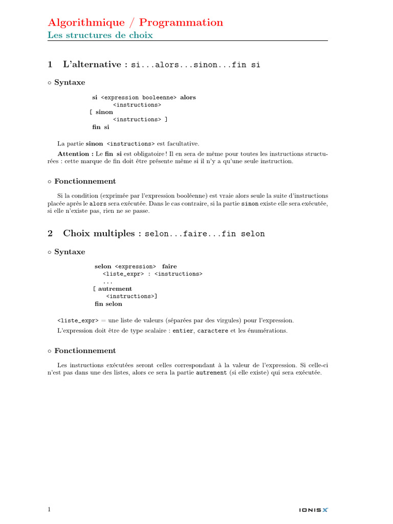 Structures de choix en algorithmique | PDF