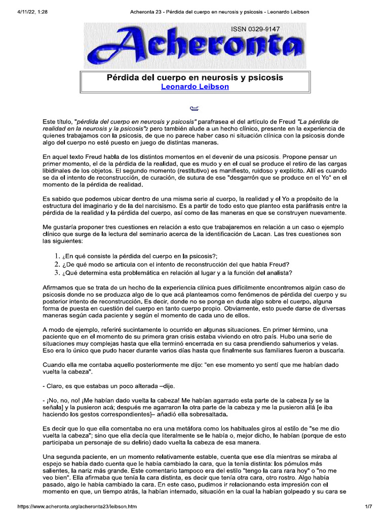 Leibson. Perdida de Cuerpo en La Neurosis y Psicosis | PDF