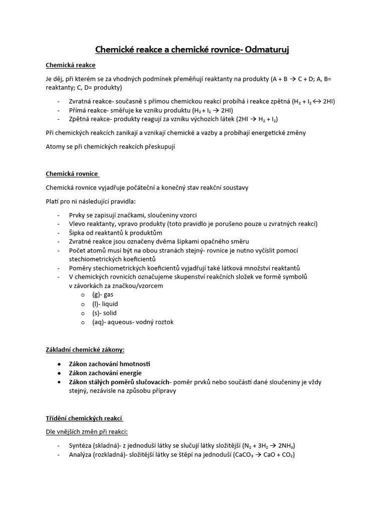 Chemicke Reakce A Chemicke Rovnice Odmaturuj | PDF