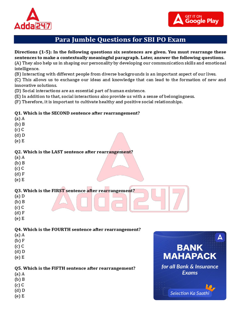 Para Jumble For SBI PO Exam - Download PDF - 8267 | PDF | Plural | Pronoun