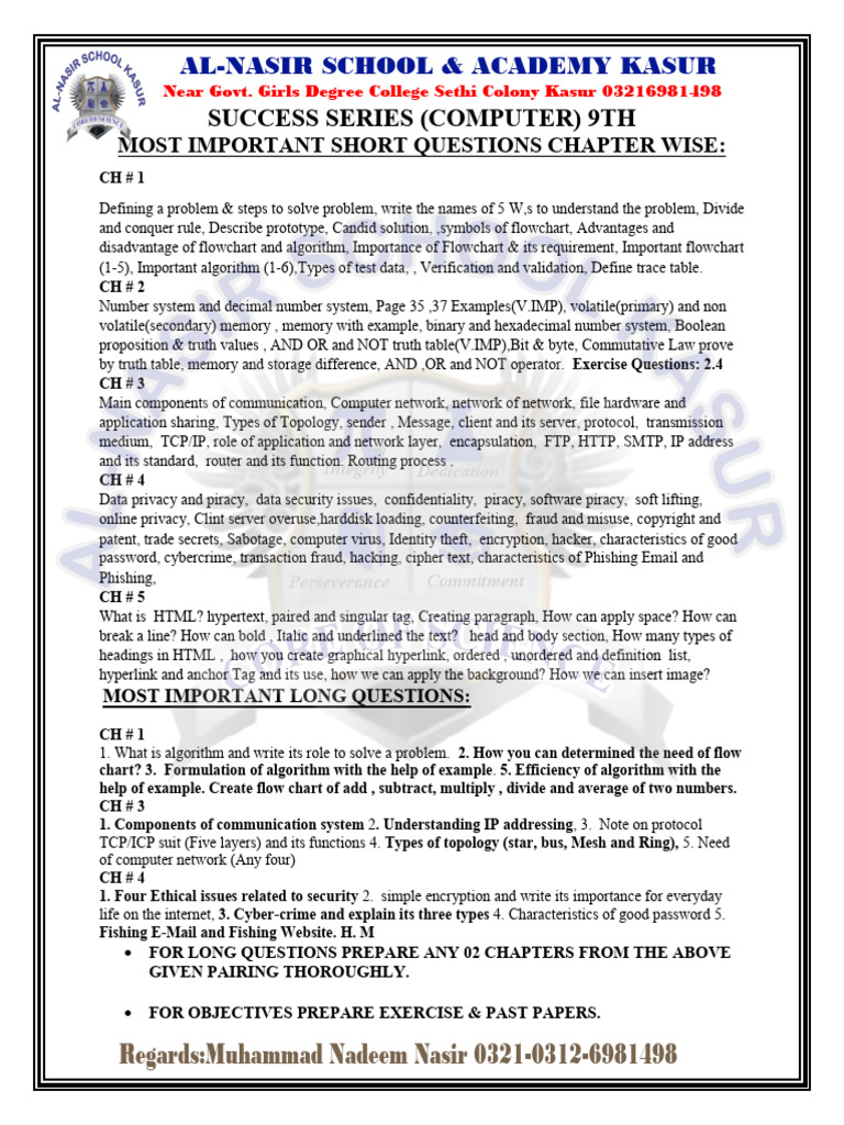 Al NAsir School SUCCESS SERIES COMPOUTER SCIENCE CLASS 9TH | PDF ...