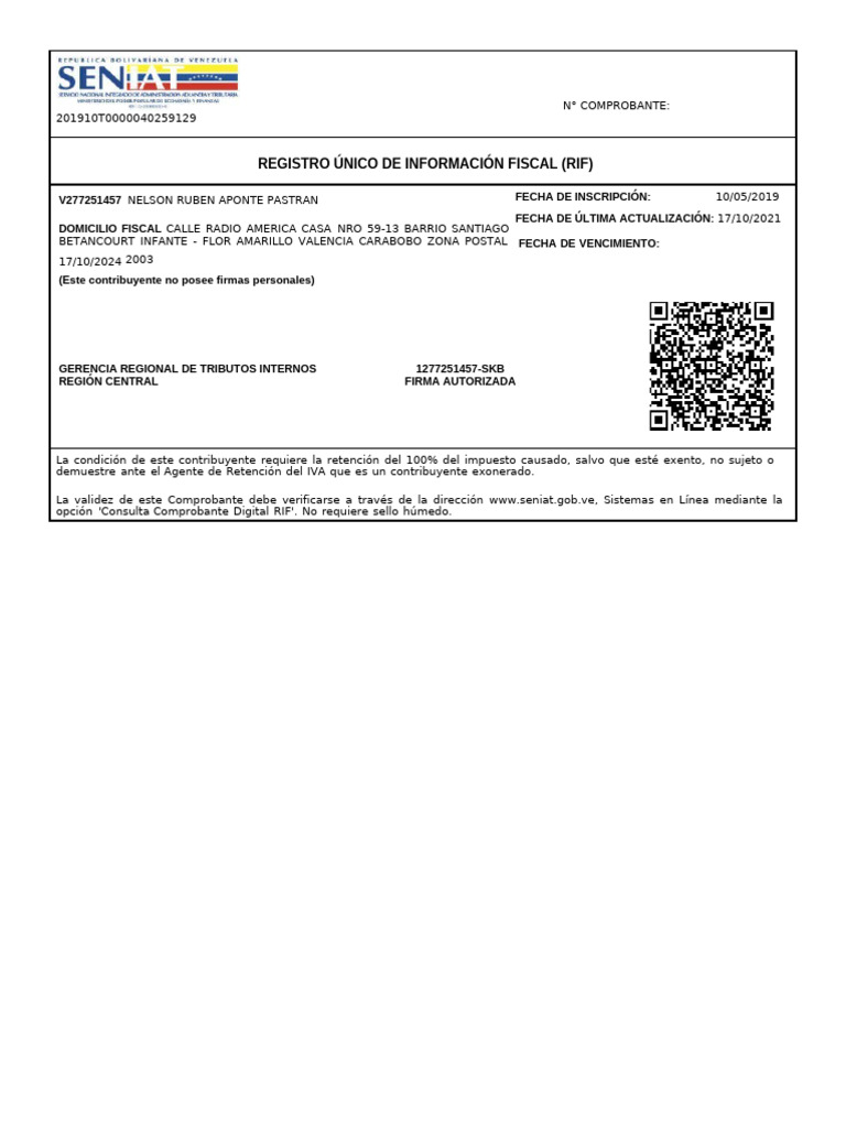 Comprobante RIF Nelson Aponte 2019 | PDF