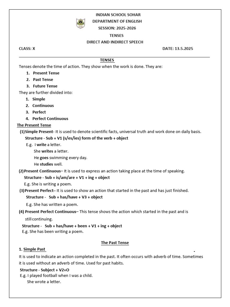 Tenses & Direct Indirect Speech-Ws | PDF | Grammatical Tense | Linguistics