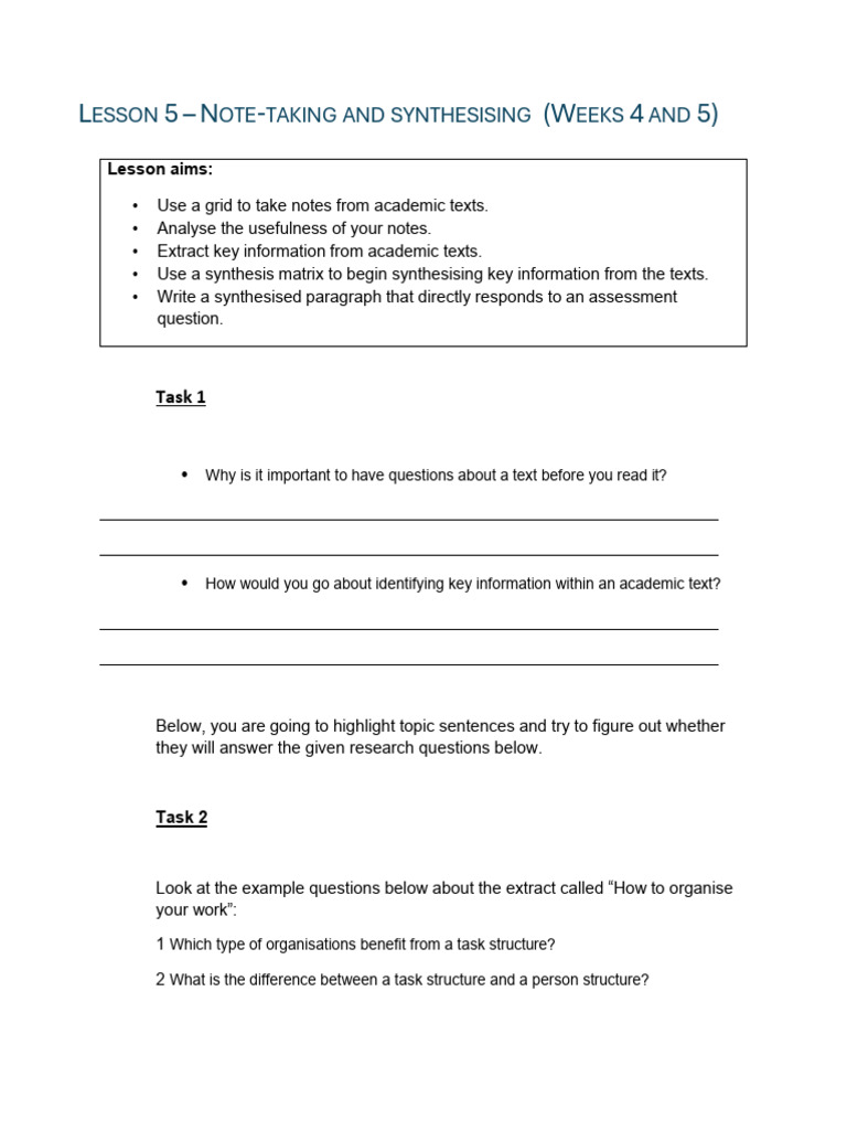 Cale Lesson 5 - Note-Taking and Synthesising (Weeks 4 and 5) | PDF ...