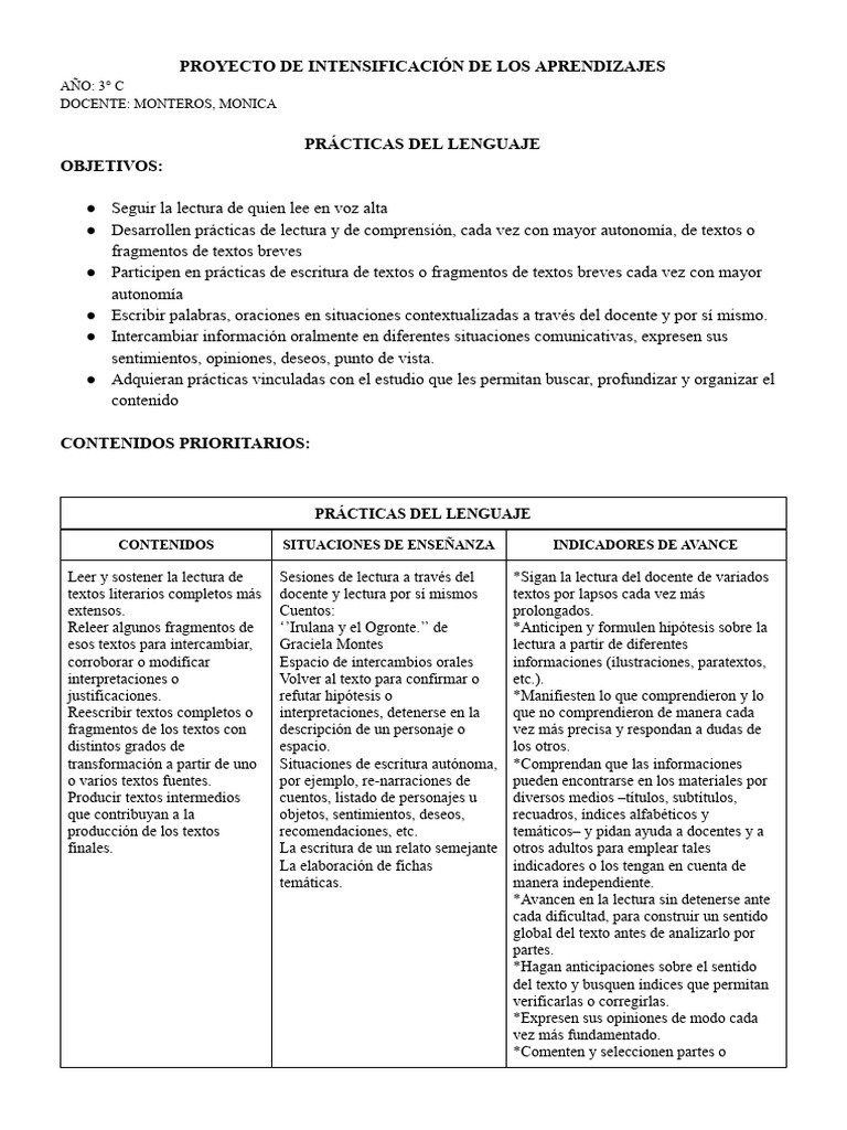 3ro PROYECTO DE INTENSIFICACIÓN DE LOS APRENDIZAJES | PDF | Escritura | Comunicación