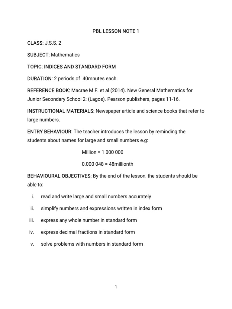 Maths Lesson Note PBL latest | PDF