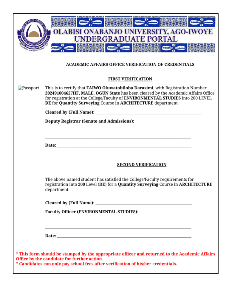 Admission Verification Form | PDF