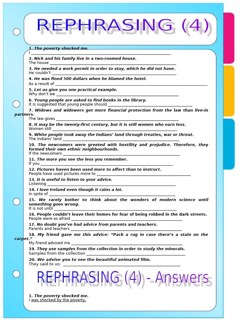 Rephrasing 4 Key Included Sentence Transformation Rephrasing Exercises 52962 | PDF