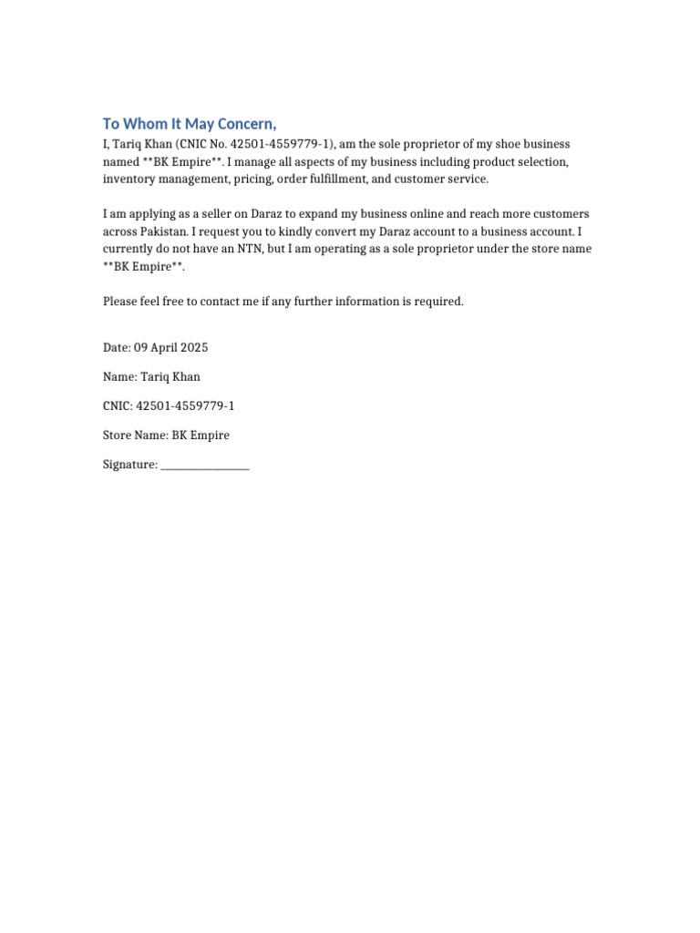 Sole Proprietor Letter Tariq Khan BK Empire 09 April 2025 | PDF