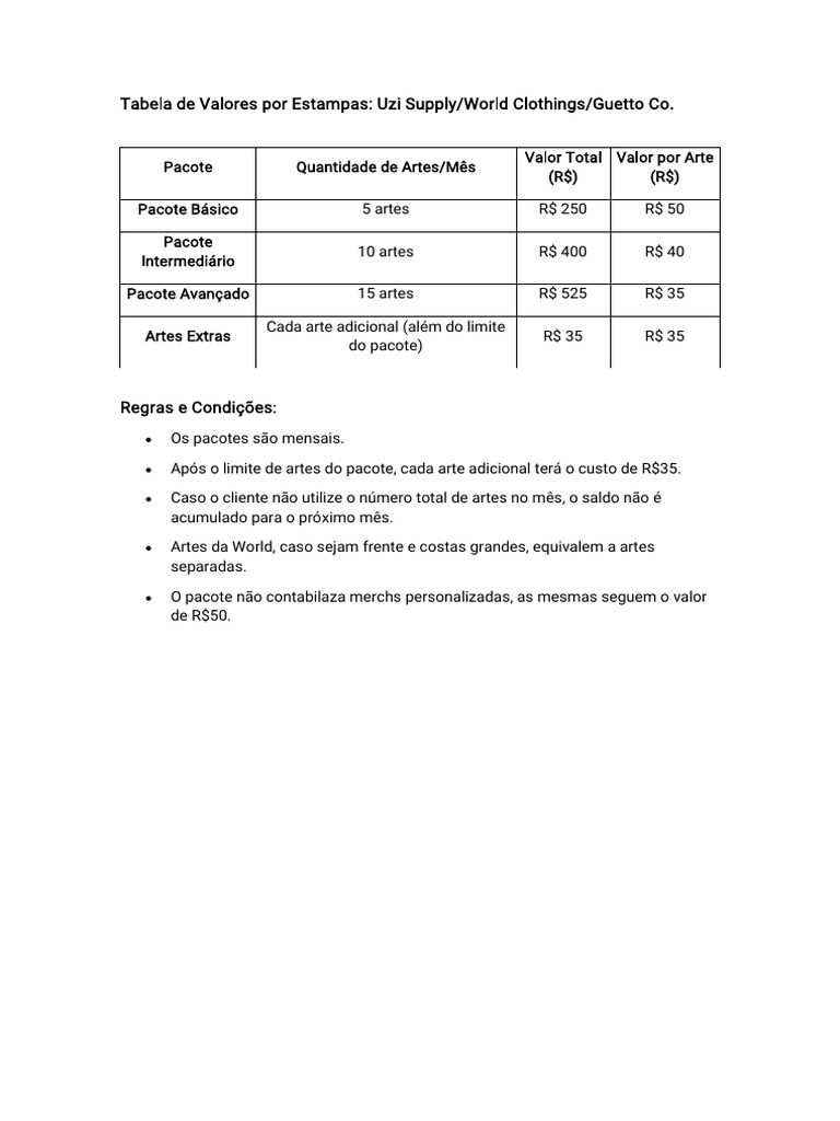 Tabela de Valores - Estampas | PDF