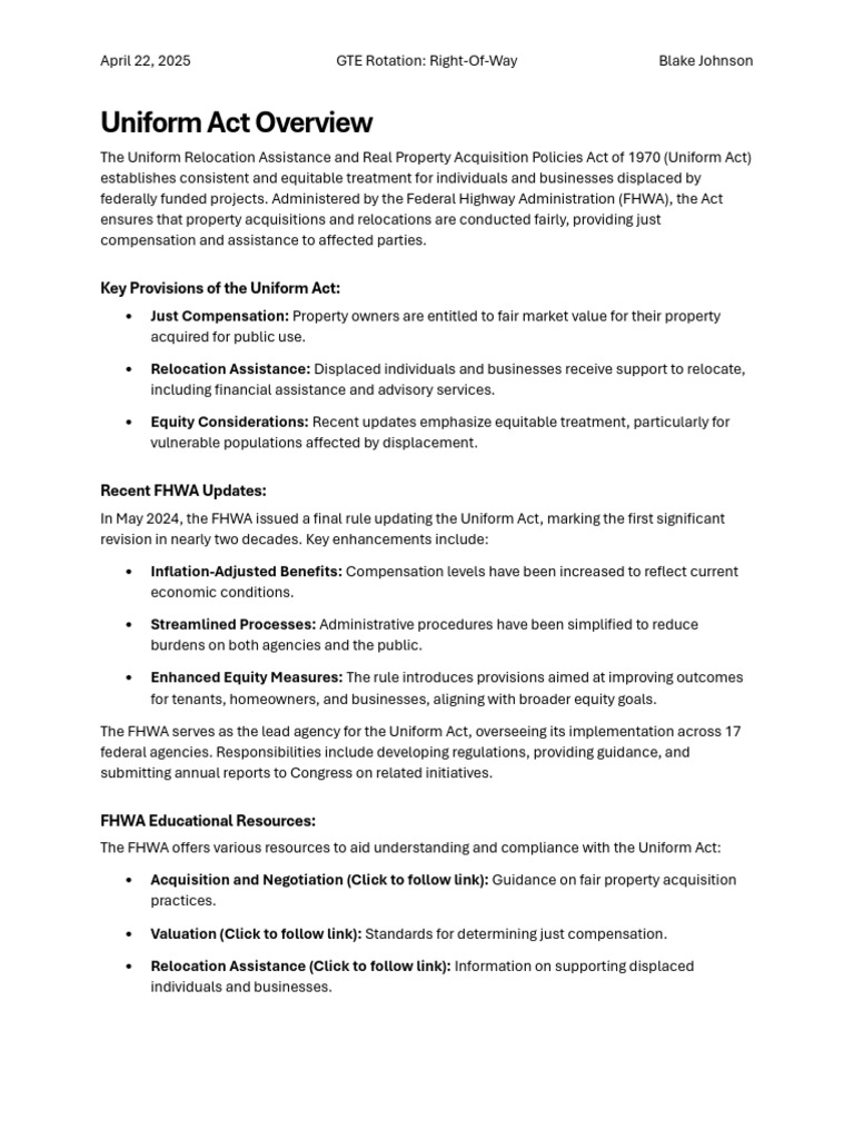 Uniform Act Overview | PDF | Federal Highway Administration | Just ...