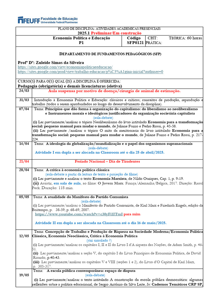Plano - Cronograma Atividades Ecnomia Política e Educação - P1 - 2025.1 ...