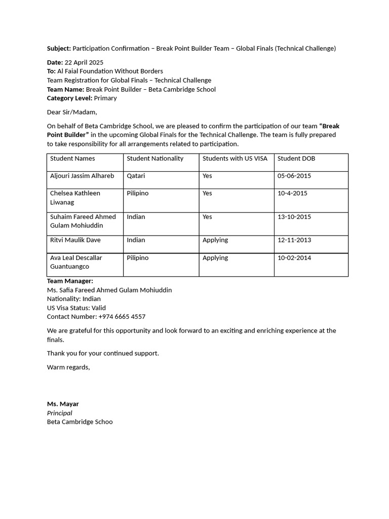 Team Registration Letter | PDF