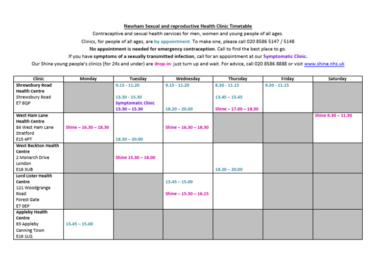Newham Sexual and Reproductive Health Clinic Timetable | PDF