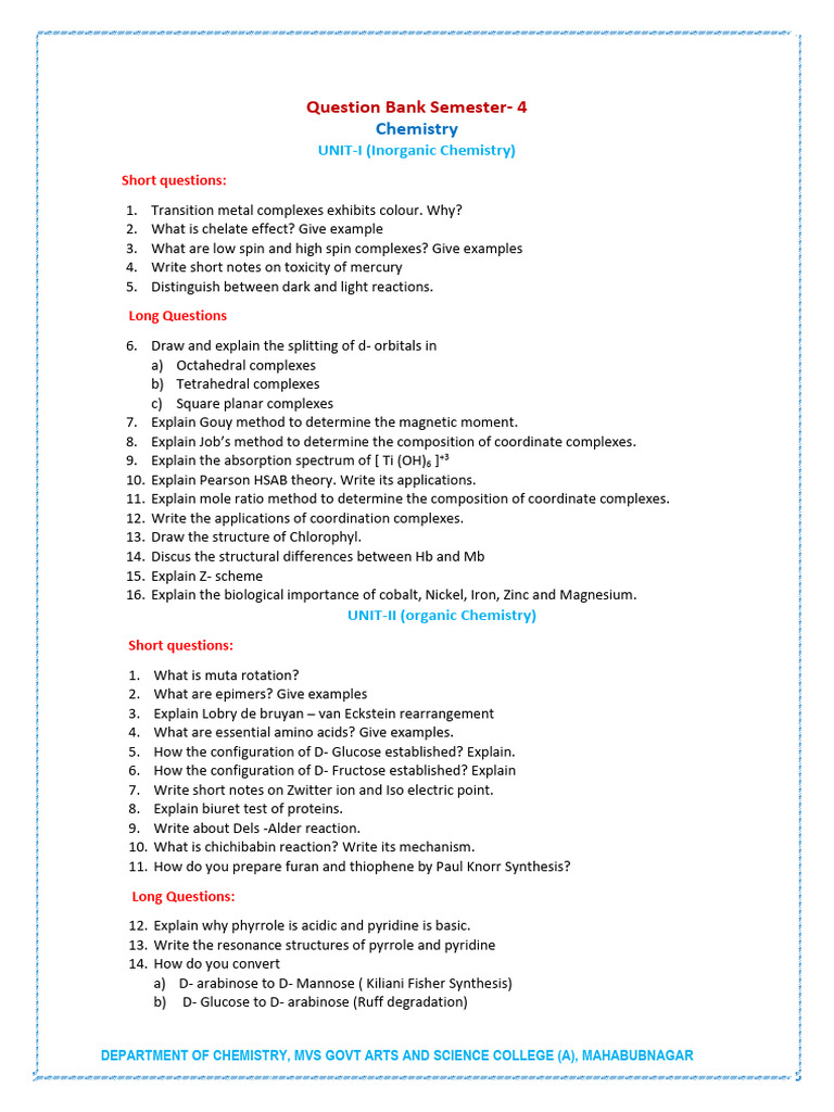 Chemistry Semester - 4 Important Questions | PDF | Coordination Complex | Chemical Reactions
