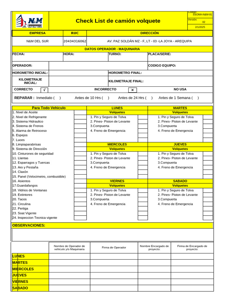 Check List Semanal Camión Volquete | PDF | Vehículos | Vehículo de motor
