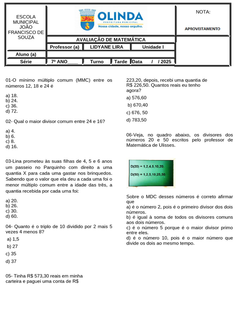 Prova Mat Unidade - 7 Anos | PDF